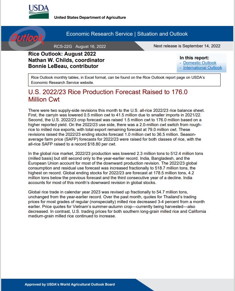 USDA – Rice Outlook – August 2022 – Fidesur