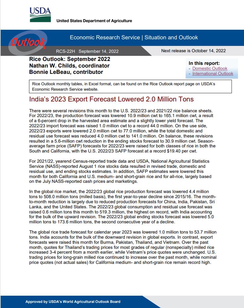USDA – Rice Outlook – September 2022 – Fidesur